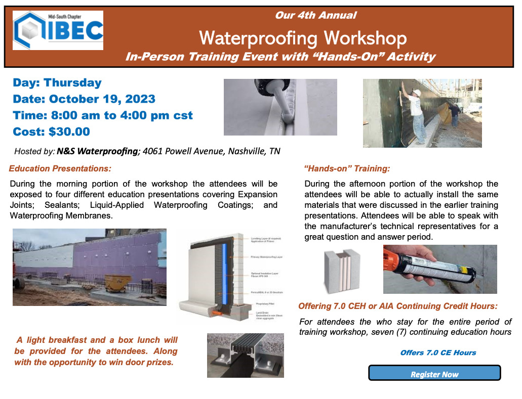 4th Annual – Waterproofing Workshop – In Person – Hands On Training Event (7.0 CEH)